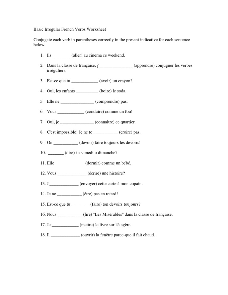 Fiche d'exercices sur les verbes irréguliers | PDF