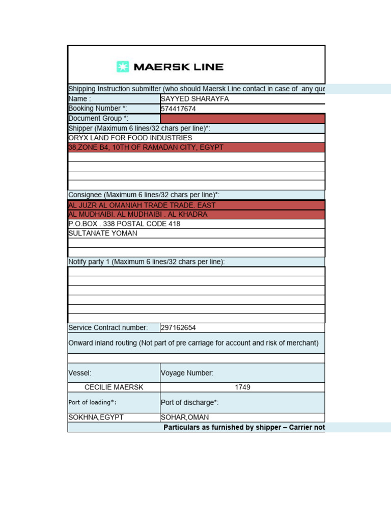 Maersk Line SI Submission | PDF | Cargo | Freight Transport