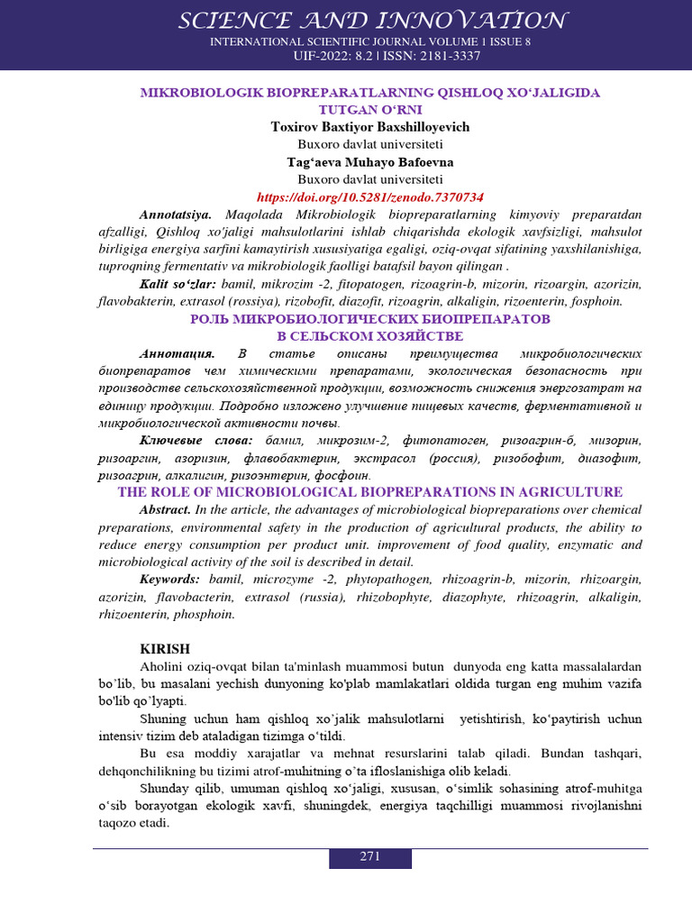 Mikrobiologik Biopreparatlarning Qishloq Xo Jaligida Tutgan o Rni | PDF