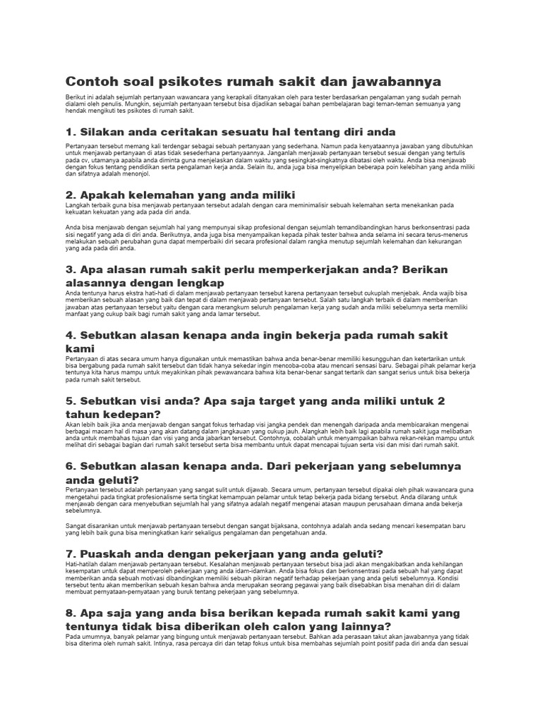Contoh Soal Psikotes Rumah Sakit Dan Jawabannya | PDF
