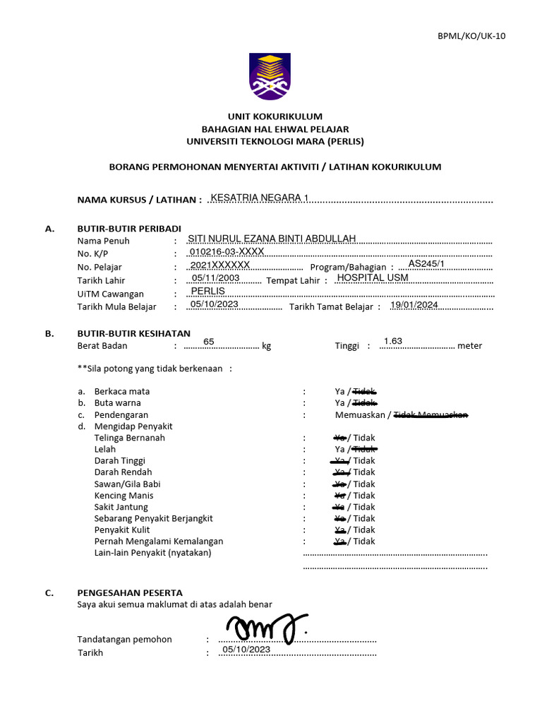 Contoh Mengisi Borang Permohonan Menyertai Latihan Kokurikulum | PDF Contoh Mengisi Borang Permohonan Menyertai Latihan Kokurikulum | PDF