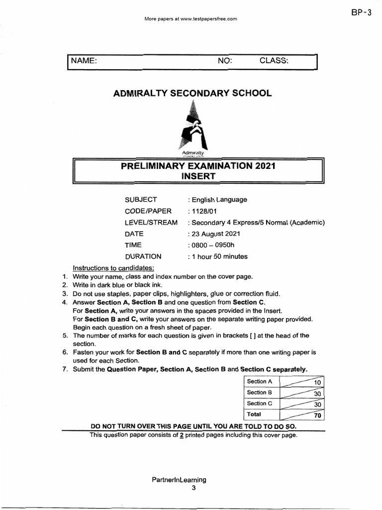 Sec4 English 2021 SA2 Admiralty | PDF | Cooking, Food & Wine