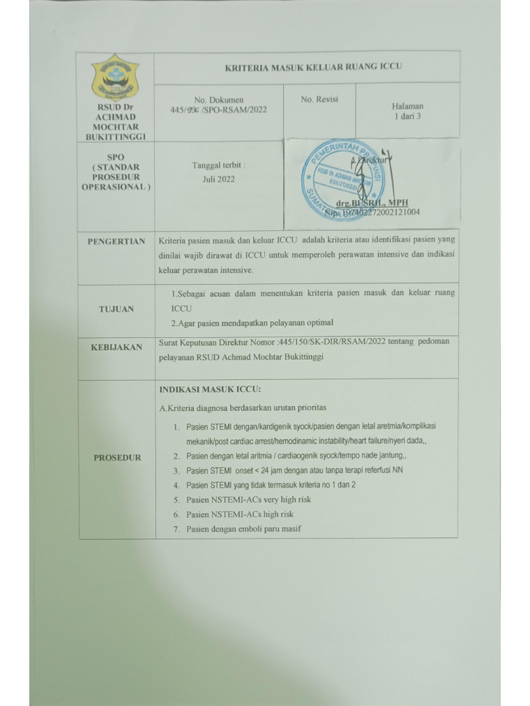 SPO Kriteria Masuk ICCU | PDF