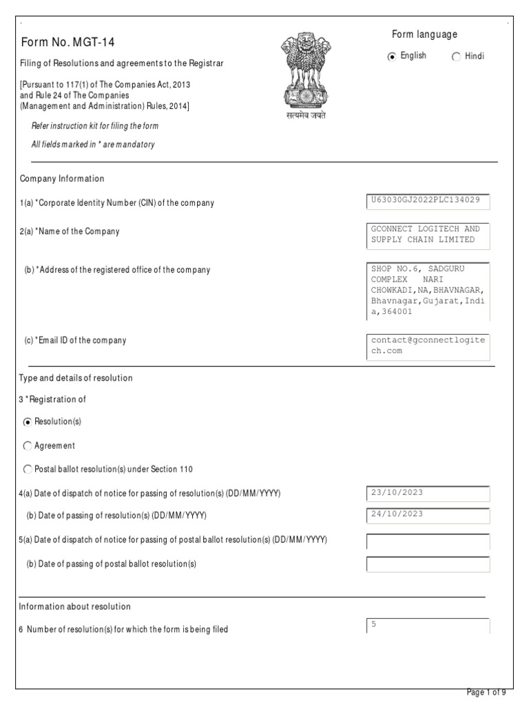 MGT-14 - Form MGT14 - 02 - 11 - 2023 | PDF | United Kingdom Insolvency ...