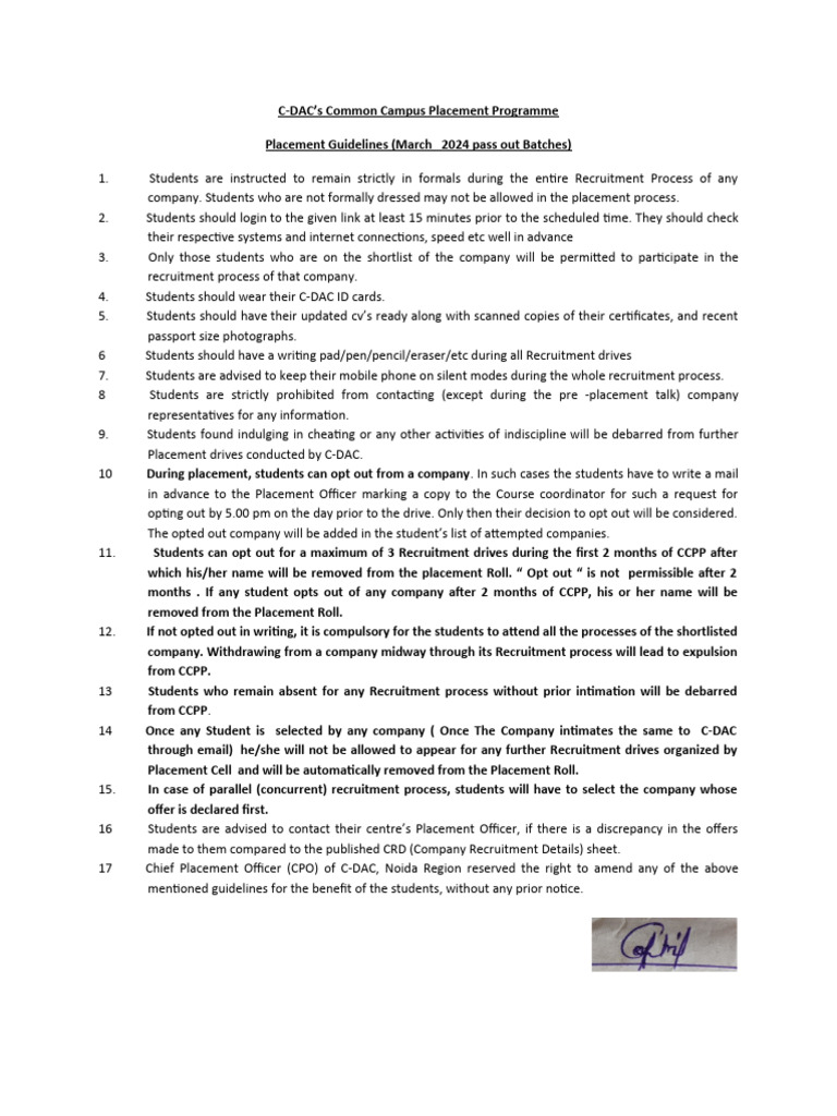 Placement Guidelines March 2024 Pass Out Batches | PDF