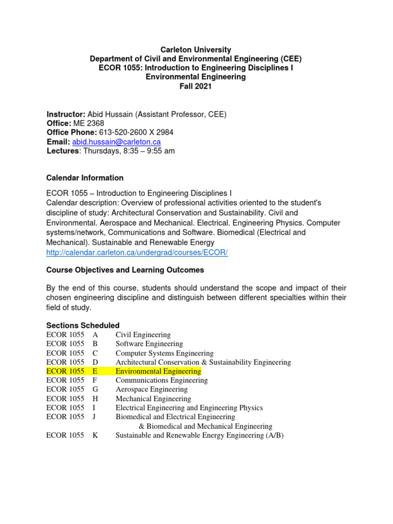 2021 Fall Outline ECOR 1055 E | PDF | Engineering | Attention Deficit Hyperactivity Disorder