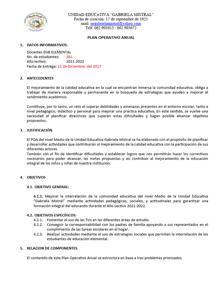 POA (PLAN OPERATIVO ANUAL) 2021-2022 Ejemplo | PDF | Enseñando ...