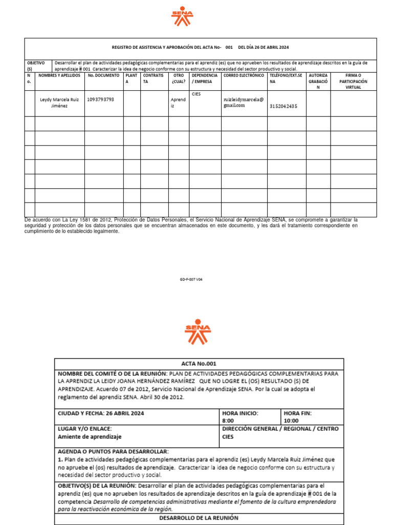 Acta Plan de Actividades Complementarias - VF | PDF | Iniciativa empresarial