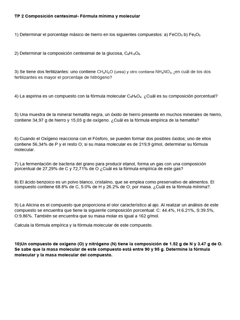 TP 2 Composición Centismal-Fórmula Mínima y Molecular | PDF