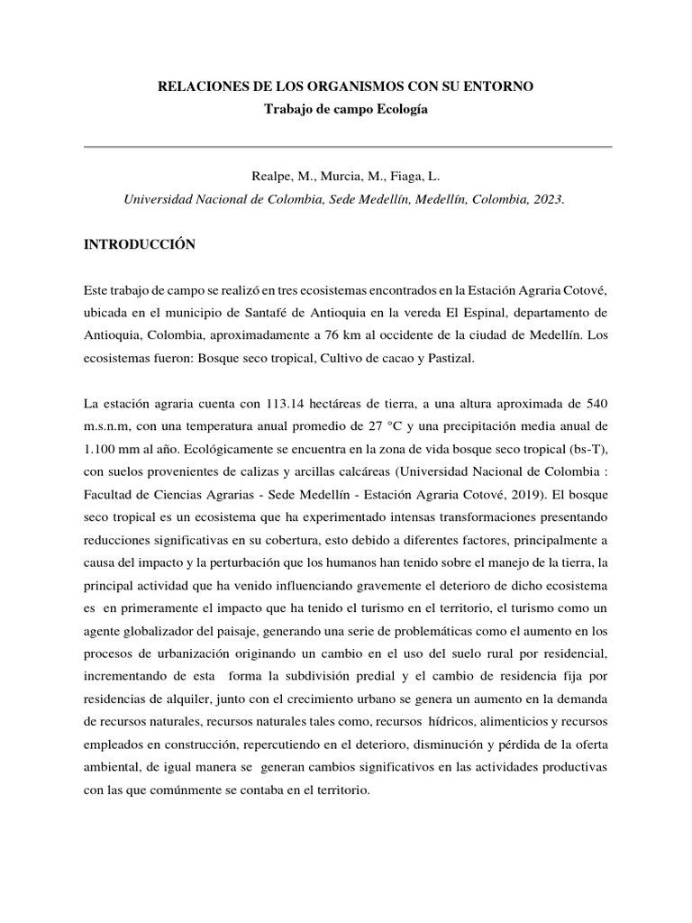 INFORME SALIDA DE CAMPO Realpe, M., Murcia, M., Fiaga, L | PDF ...