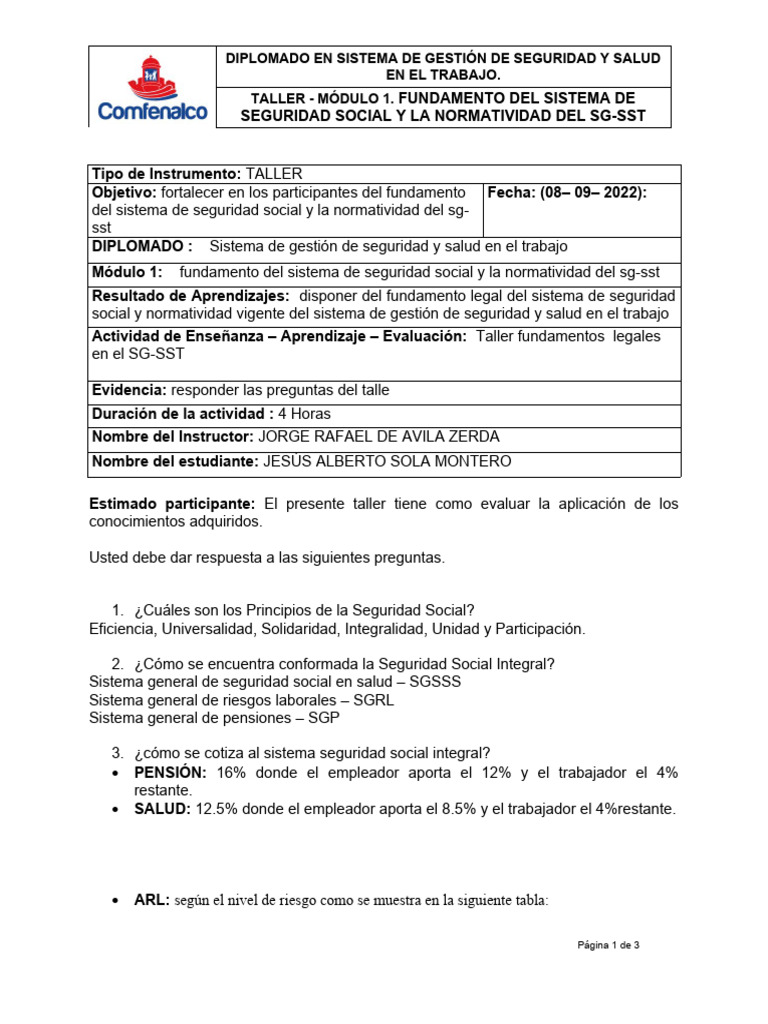 Taller Modulo 1 Fundamentos en Seguridad Social y Normatividad en Sst | PDF