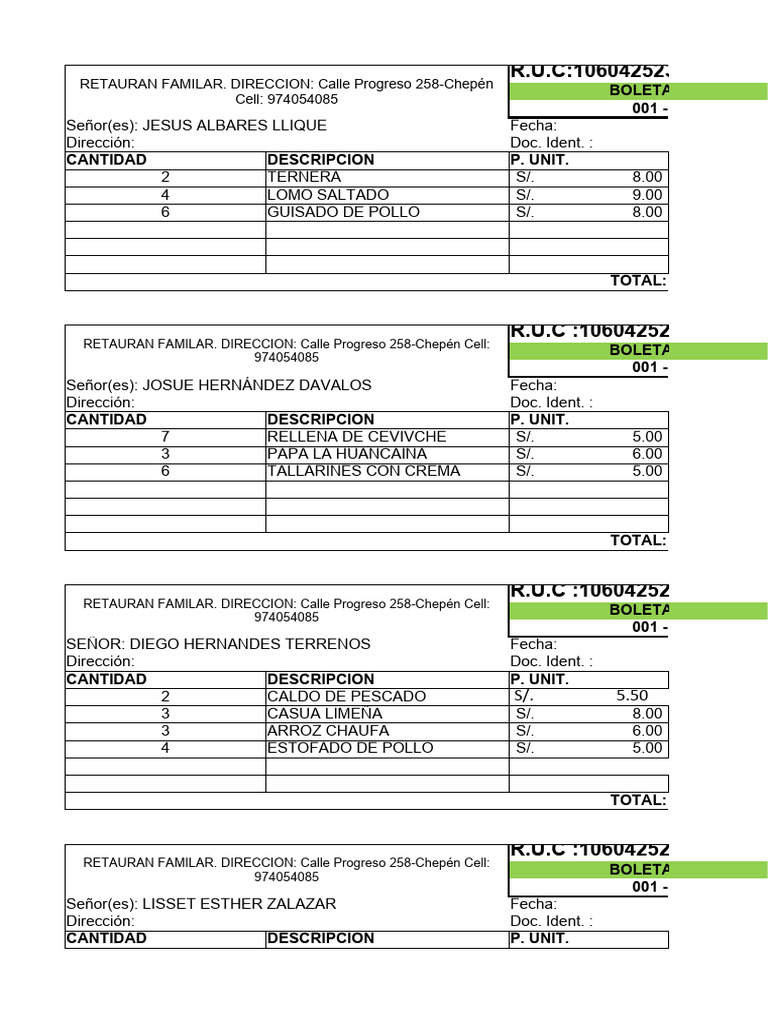 Boletas de Venta de Restaurante | PDF | Comida y bebida | Cocina