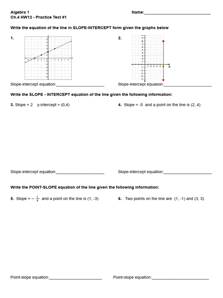 Chapter 4 Algebra 1 Practice Test | PDF | Equations | Algebra