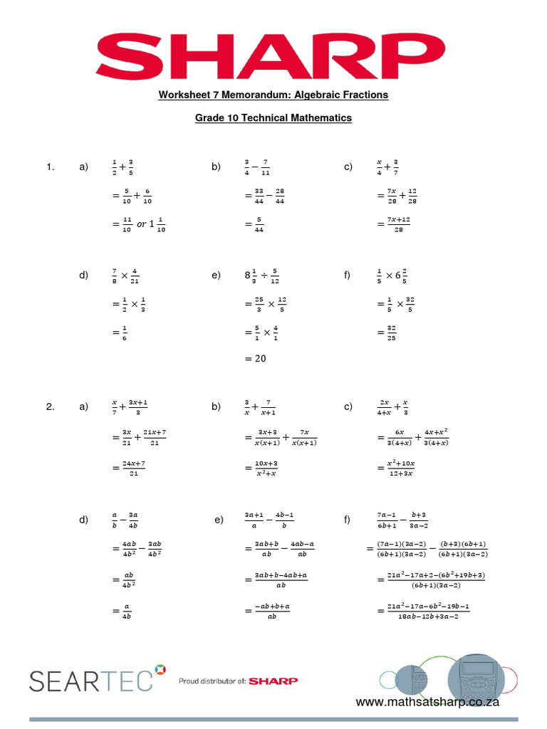 Grade 10 Algebraic Fractions Worksheet | PDF | Mathematics | Algebra