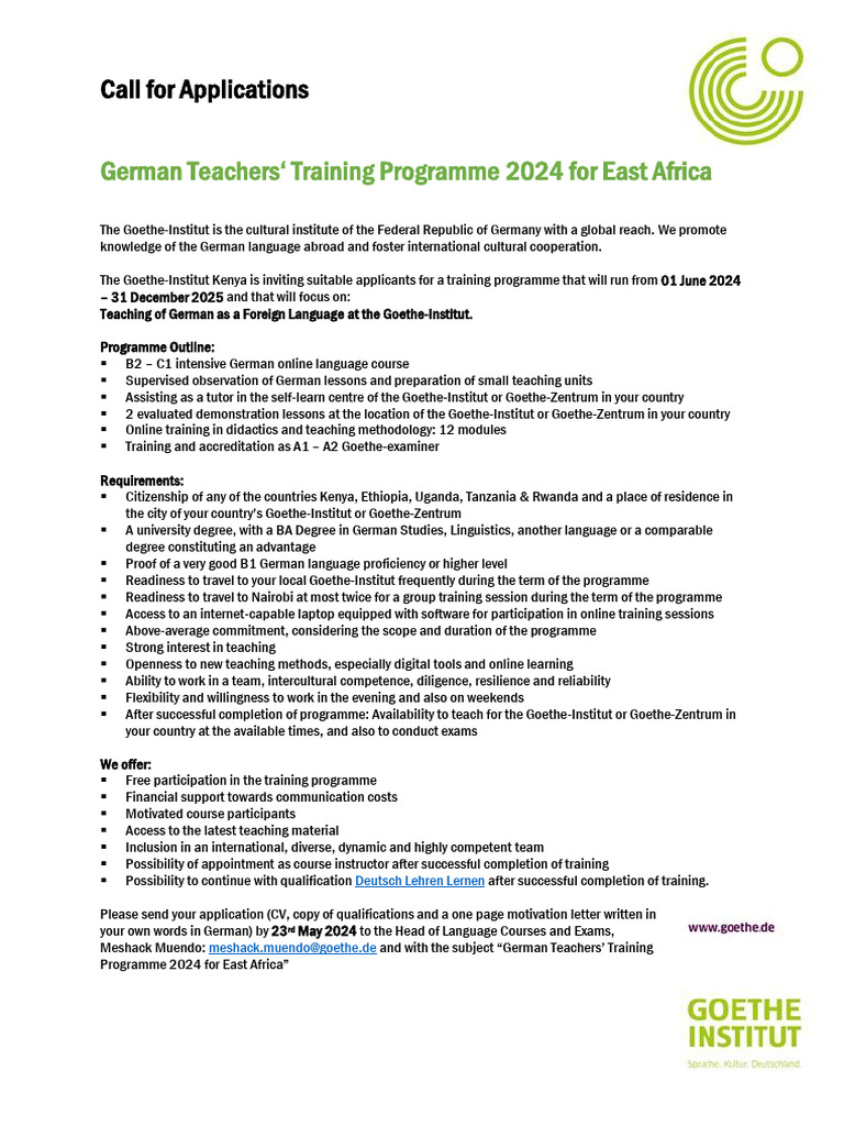Teachers Training Programme 2024 East Africa - Call For Applications ...