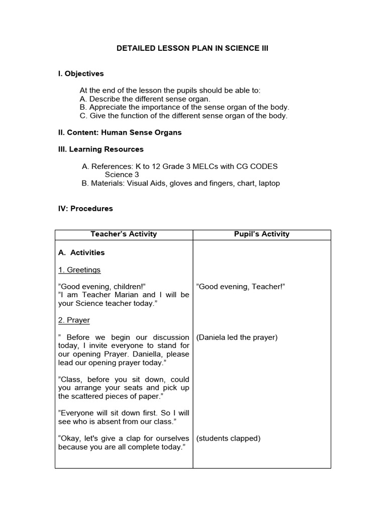 Detailed Lesson Plan in Science 3 Techno | PDF | Senses | Neuroscience