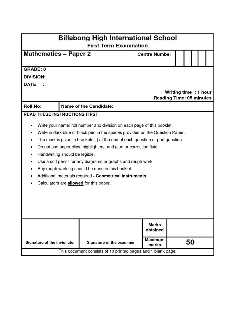 Grade 8 Math Exam Paper 2 | PDF | Mathematics | Equations