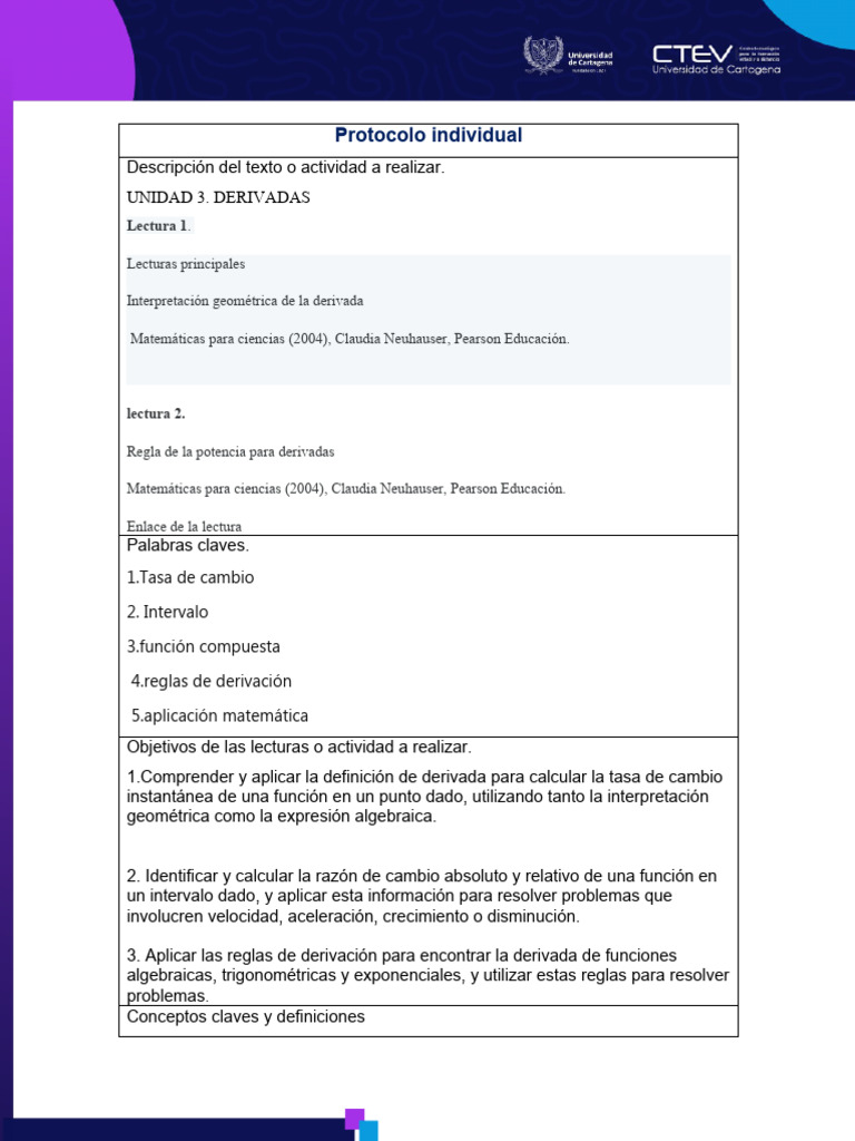 Protocolo Individual Matematicas II Unidad 3 | PDF | Derivado | Función ...