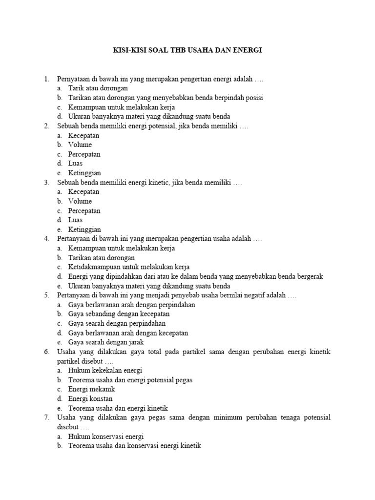 Kisi-Kisi Soal THB Usaha & Energi | PDF | Metode & Bahan Ajar | Sains & Matematika