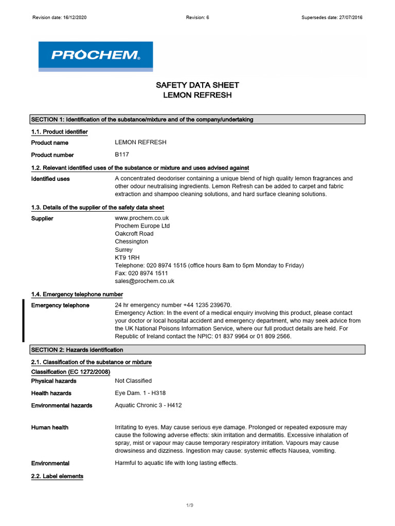 FDS - Safety Data Sheet Lemon Refresh | PDF | Hazards | Occupational Safety And Health