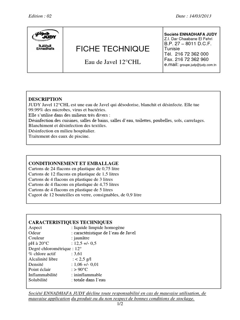 Fiche Technique Eau de Javel 12°CHL | PDF | Blanchiment (chimie ...
