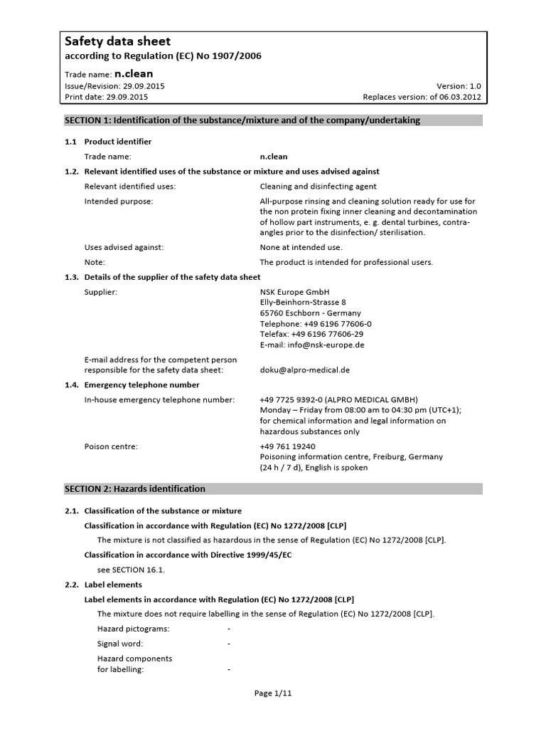 n.clean Safety Data Sheet Overview | PDF | Dangerous Goods | Toxicity