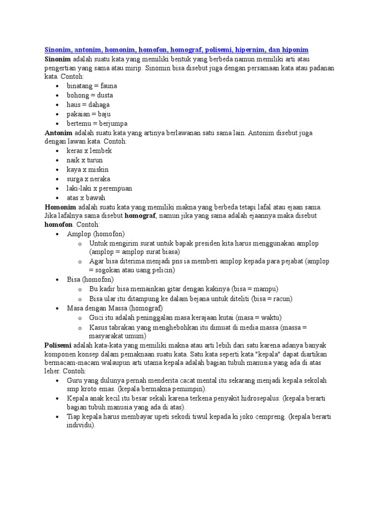 Sinonim, Antonim, Homonim, Homofon, Homograf, Polisemi, Hipernim, Dan ...