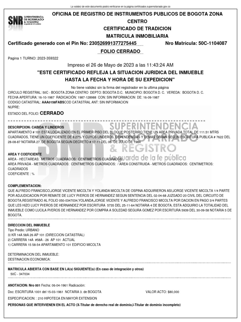 CANCELACION MATRICULA LOTE 16 APTO 101 | PDF | Ley común | Derecho Civil (Common Law)