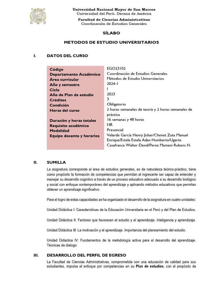 SILABO PROPUESTA METODOS DE ESTUDIOS UNIVERSITARIOS 2024-1 (1) | Descargar gratis PDF | Plan de ...