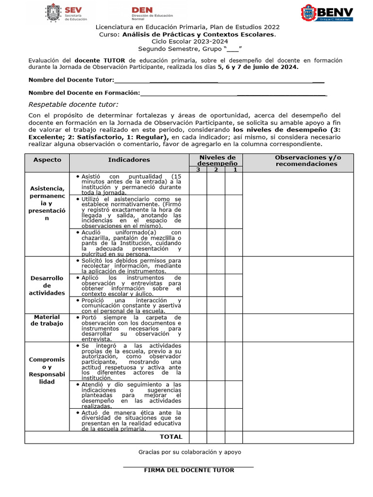 Evaluación del DOCENTE TUTOR para la Jornada de Observación. Primer Grado. | Descargar gratis ...