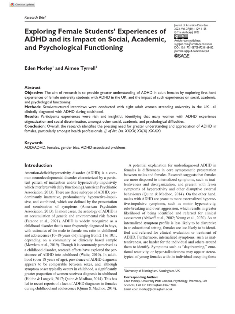 Morley Tyrrell 2023 Exploring Female Students Experiences of Adhd and ...