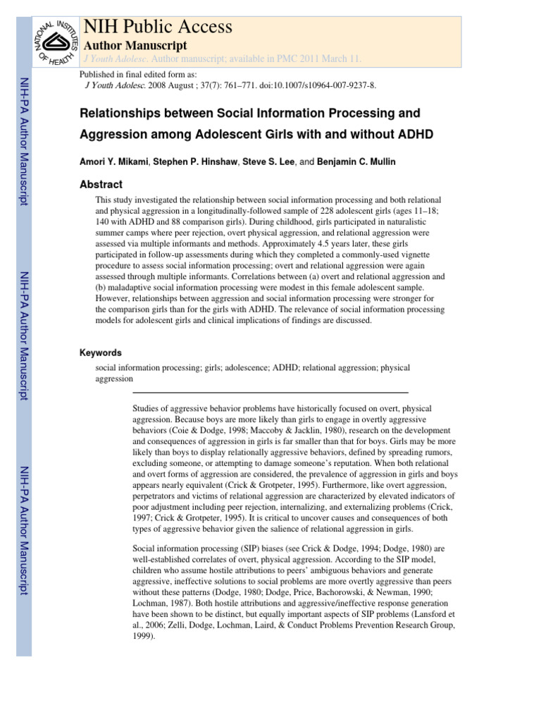 Social Information Processing and Aggression Among Adolescent Girls With and Without ADHD | PDF ...
