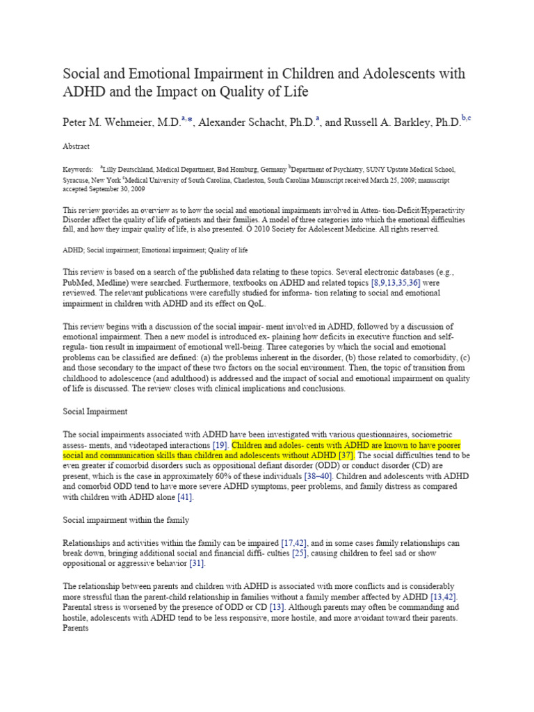 Social and Emotional Impairment in Children and Adolescents With ADHD | PDF | Attention Deficit ...