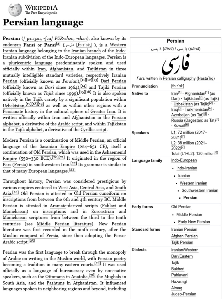 Persian Language - Wikipedia | PDF | Persian Language | Grammatical Gender