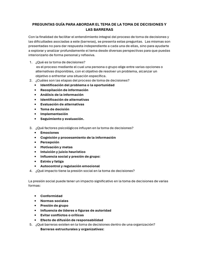 Preguntas para Trabajar La Toma de Decisiones | PDF | Toma de decisiones | Las emociones