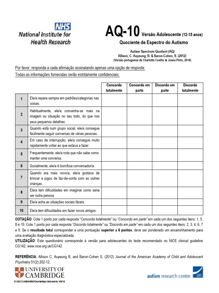 AQ-10 Versão Adolescente (12-15 anos) - Quociente de Espectro do ...