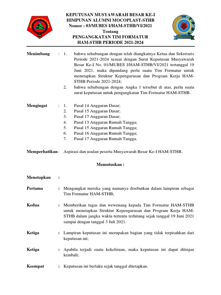 HAM STHB - SK Pengangkatan Tim Formatur HAM-STHB | PDF | Ilmu Sosial ...