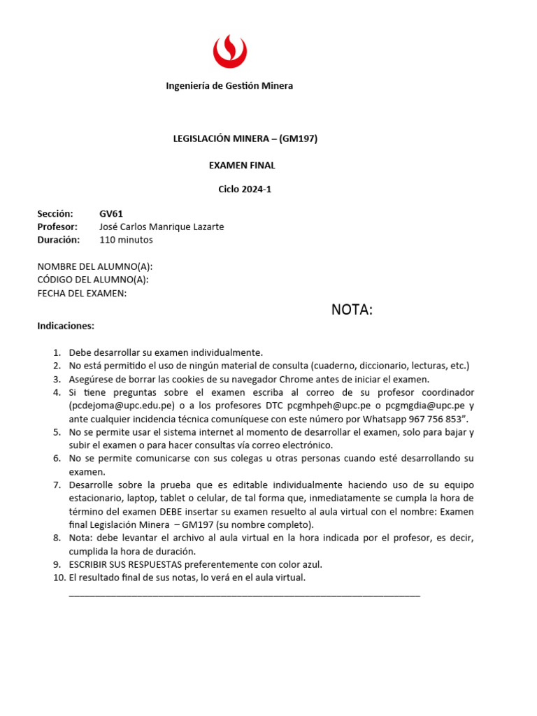 Examen Final Legislación Minera 2024-1 | PDF | Evaluación de impacto ambiental | Minería