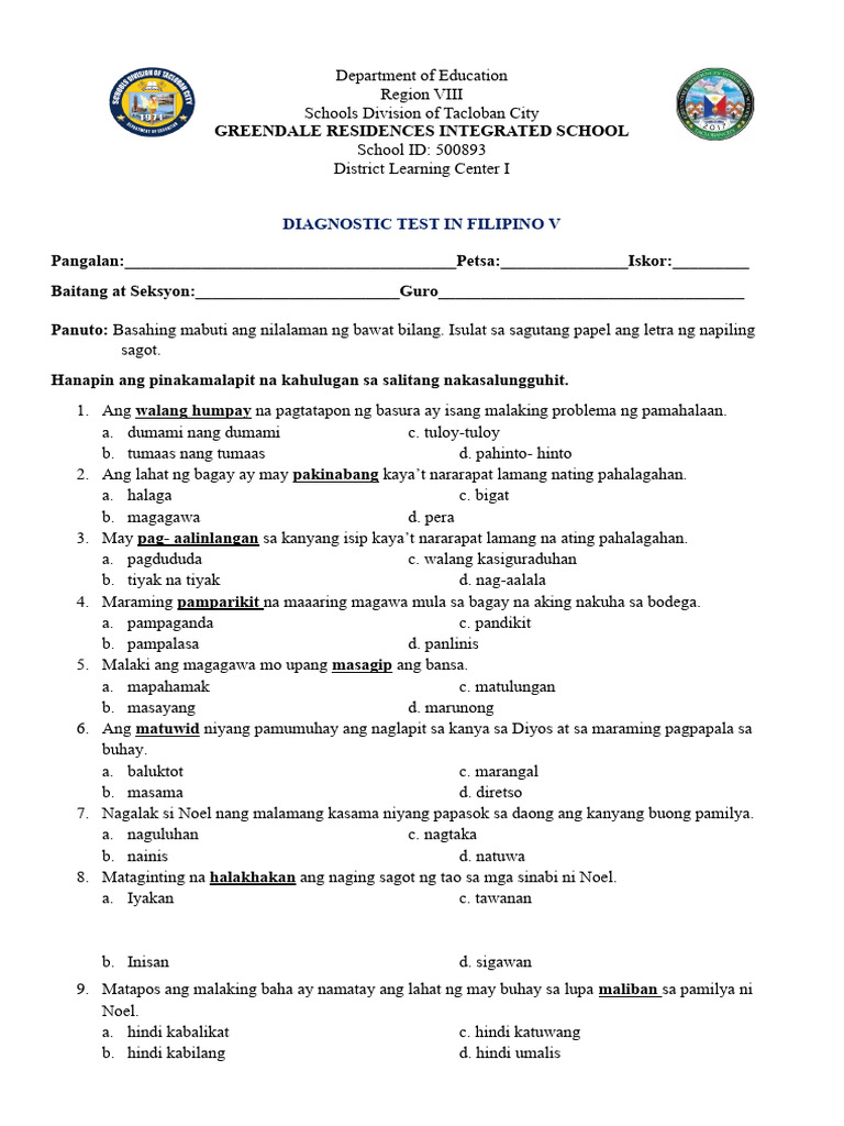 Diagnostic Test - Filipino-5 | PDF