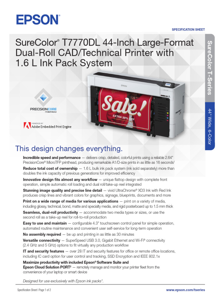 SureColor T7770DL Printer Specification Sheet CPD-61722R1 | PDF ...