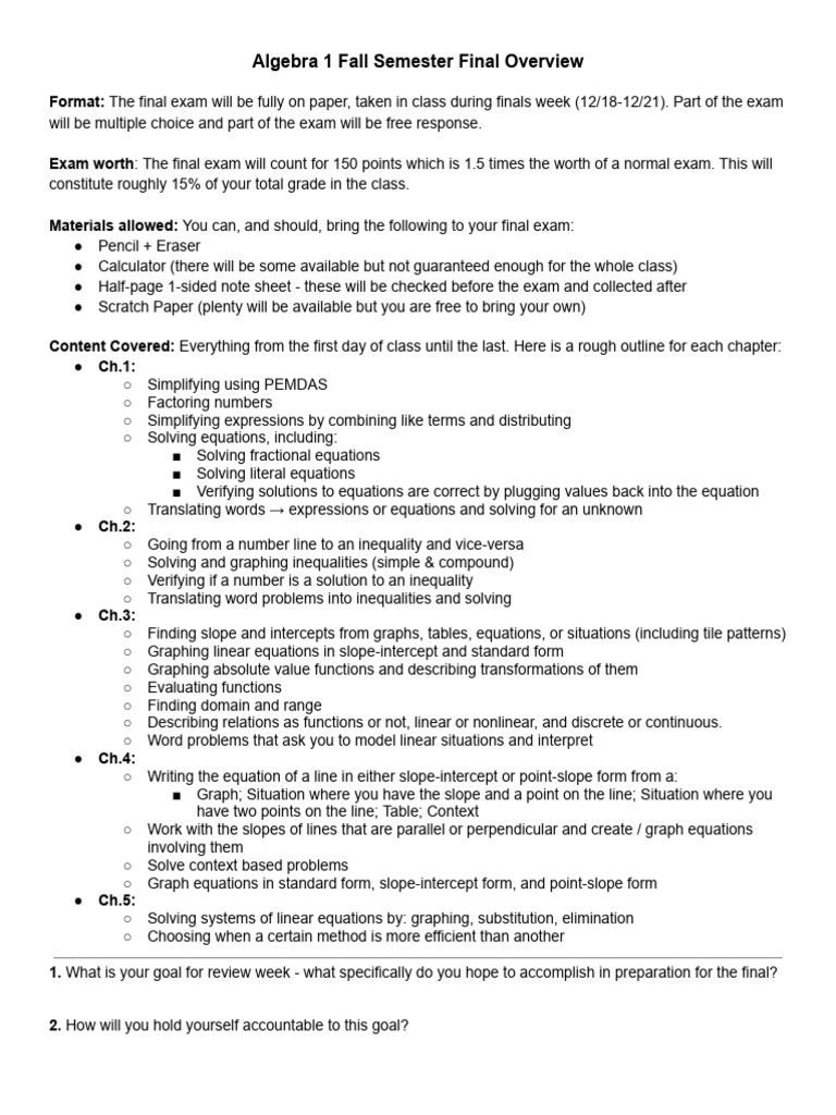 Algebra 1 Fall Final Practice Tests + Overview | PDF | Equations ...