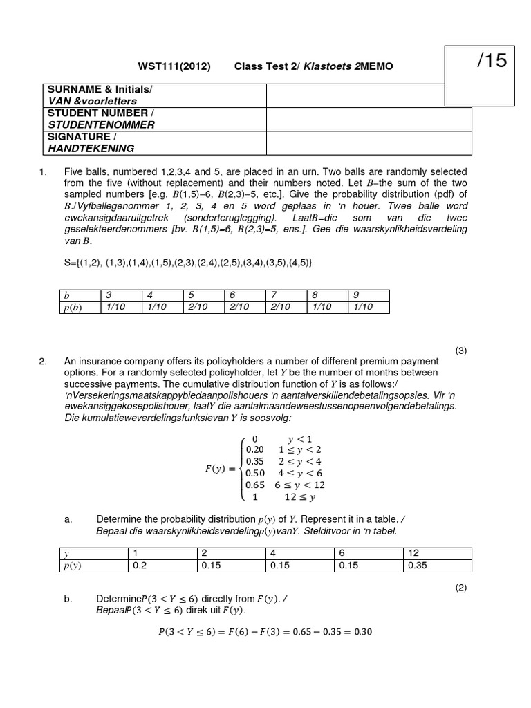 WST111 Classtest 2 B Memo | PDF | Statistics | Statistical Theory