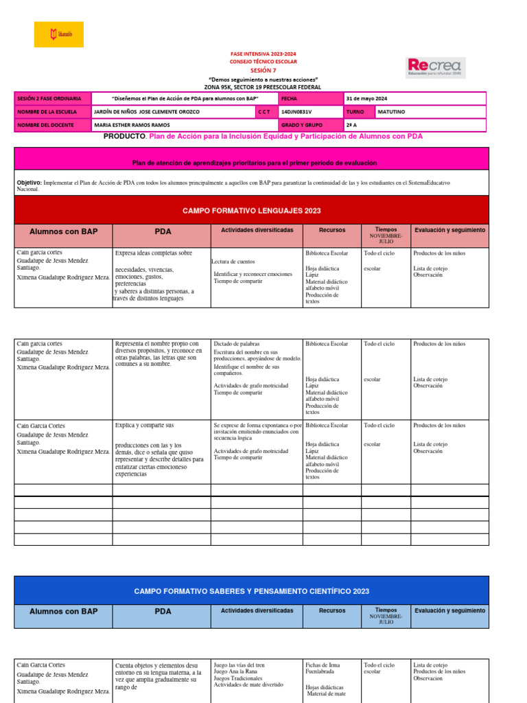 Plan de Accion para Alumnos BAP | PDF | Educación de la primera infancia | Evaluación