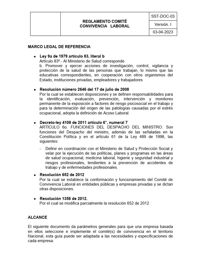 Reglamento Del Comite Convivencia Laboral | PDF | Derecho laboral | Seguridad y salud ocupacional