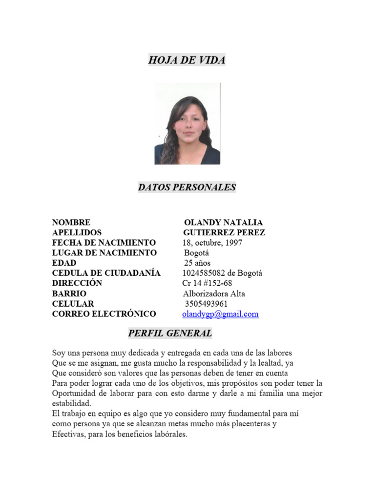 Hoja de Vida de Olandy Natalia | PDF