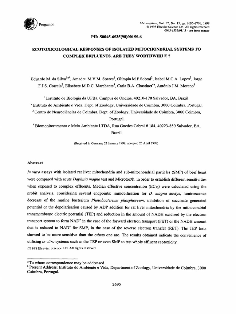 1998-Ecotoxicological Responses of Isolated Mitochondrial Systems To ...