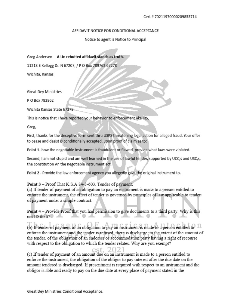 Affidavit Notice For Conditional Acceptance | PDF | Justice | Crime ...