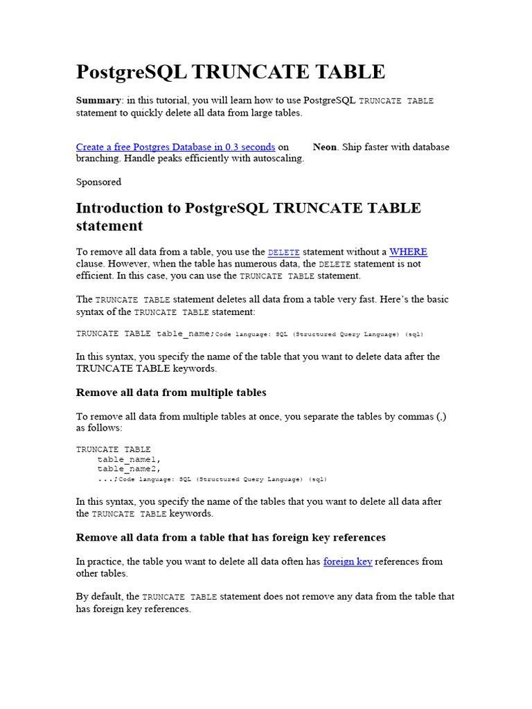 PostgreSQL TRUNCATE TABLE | PDF | Sql | Postgre Sql