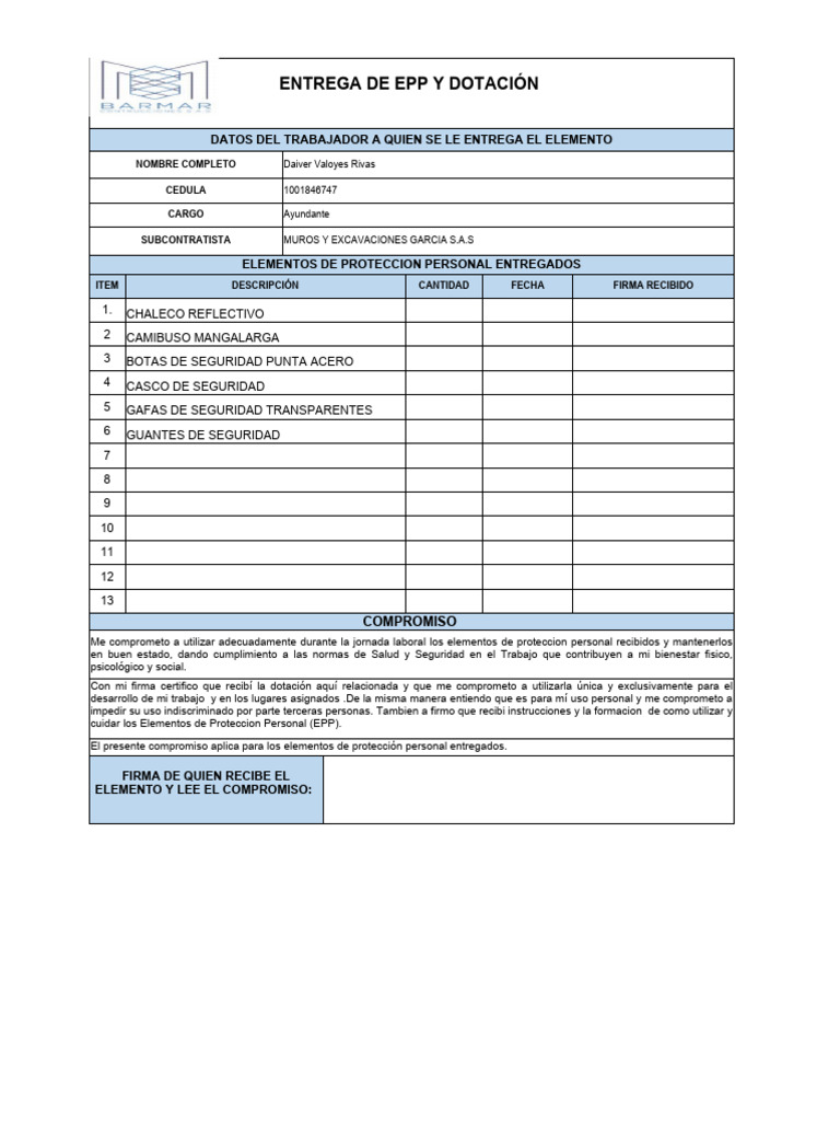 Formato Entrega de Epp y Dotación | PDF
