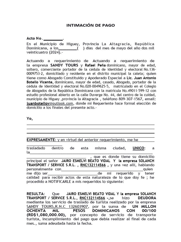 INTIMACIÓN DE PAGO Sandy Tour | PDF | Justicia | Crimen y violencia